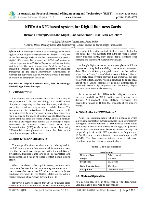 (PDF) NFiD: An NFC based system for Digital Business Cards