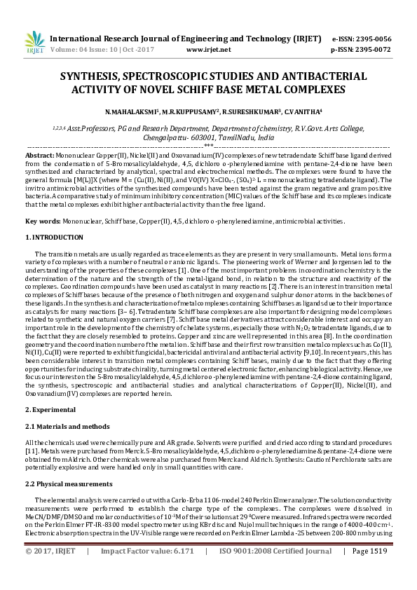(PDF) SYNTHESIS, SPECTROSCOPIC STUDIES AND ANTIBACTERIAL ACTIVITY OF NOVEL SCHIFF BASE METAL ...
