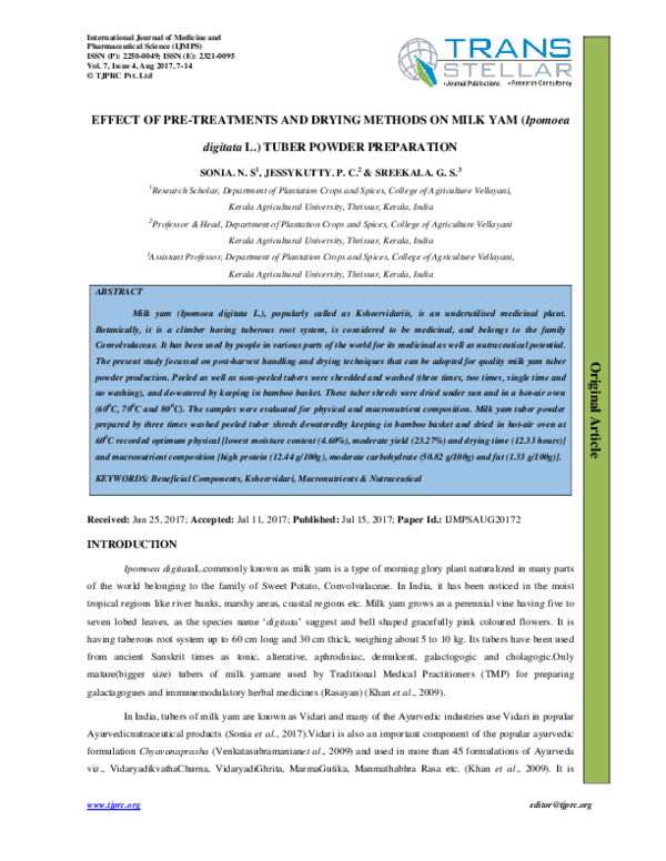 (PDF) EFFECT OF PRE-TREATMENTS AND DRYING METHODS ON MILK YAM (Ipomoea ...