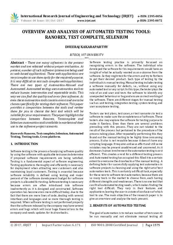 Pdf Overview And Analysis Of Automated Testing Tools Ranorex Test Complete Selenium Dheeraj