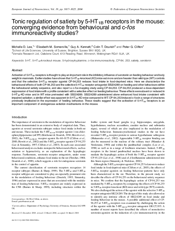 (PDF) Tonic regulation of satiety by 5-HT1B receptors in the mouse ...