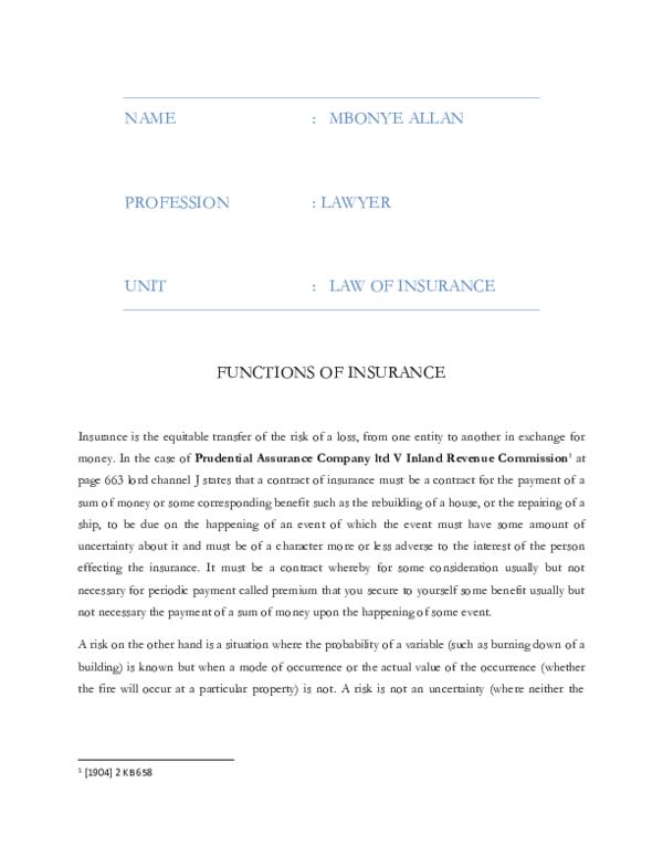(DOC) FUNCTIONS OF INSURANCE