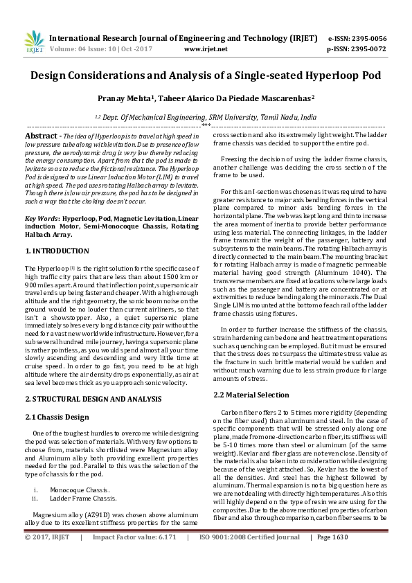 (PDF) Design Considerations and Analysis of a Single-seated Hyperloop Pod