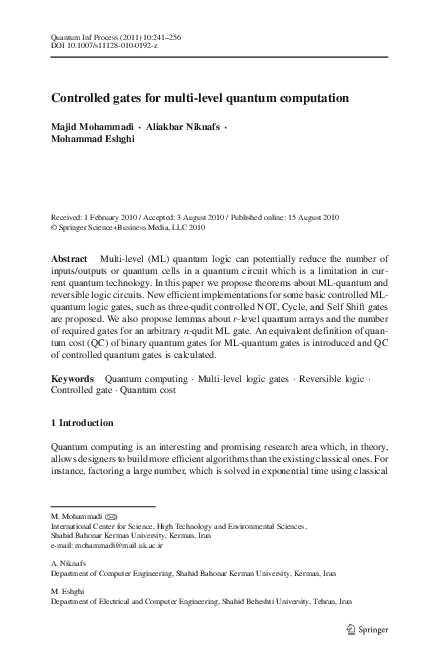 Pdf Controlled Gates For Multi Level Quantum Computation