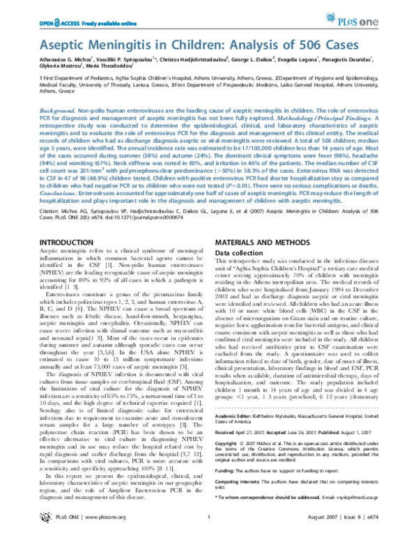 (PDF) Aseptic Meningitis in Children: Analysis of 506 Cases