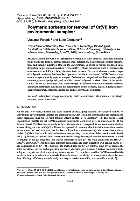(PDF) Polymeric sorbents for removal of Cr(VI) from environmental samples