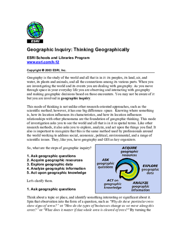 (PDF) Geographic Inquiry: Thinking Geographically ESRI Schools and ...