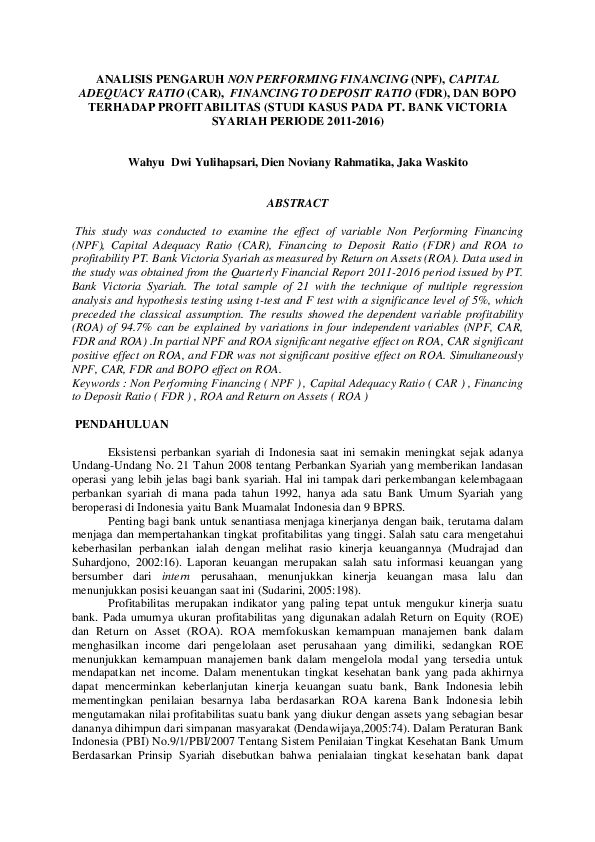 (DOC) ANALISIS PENGARUH NON PERFORMING FINANCING (NPF), CAPITAL ADEQUACY RATIO (CAR), FINANCING ...
