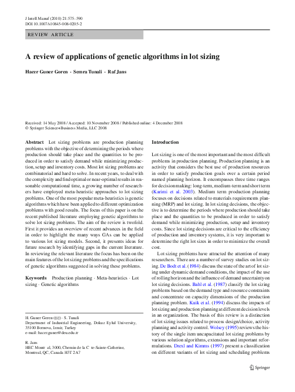 (PDF) A review of applications of genetic algorithms in lot sizing