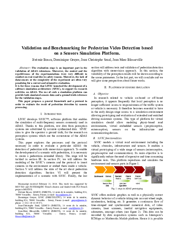 Pdf Validation And Benchmarking For Pedestrian Video Detection Based On A Sensors Simulation