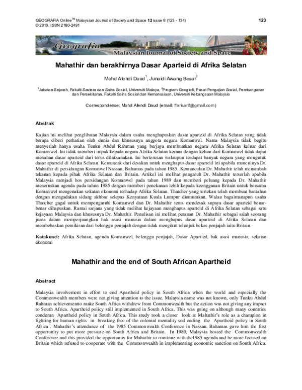(PDF) Mahathir dan berakhirnya Dasar Aparteid di Afrika Selatan