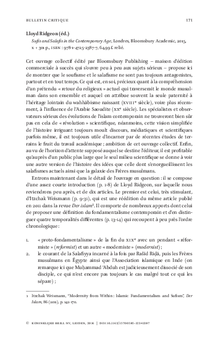 (PDF) "Lloyd Ridgeon (éd.), Sufis and Salafis in the Contemporary Age ...