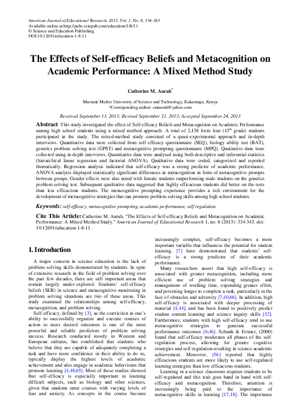 Pdf The Effects Of Self Efficacy Beliefs And Metacognition On
