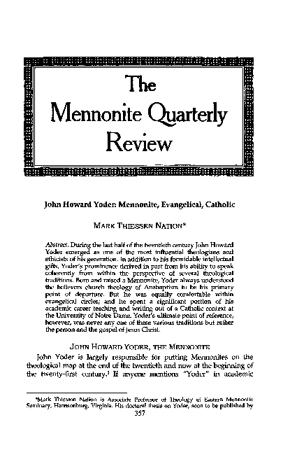 (PDF) John Howard Yoder Mennonite Evangelical Catholic MQR July 2003