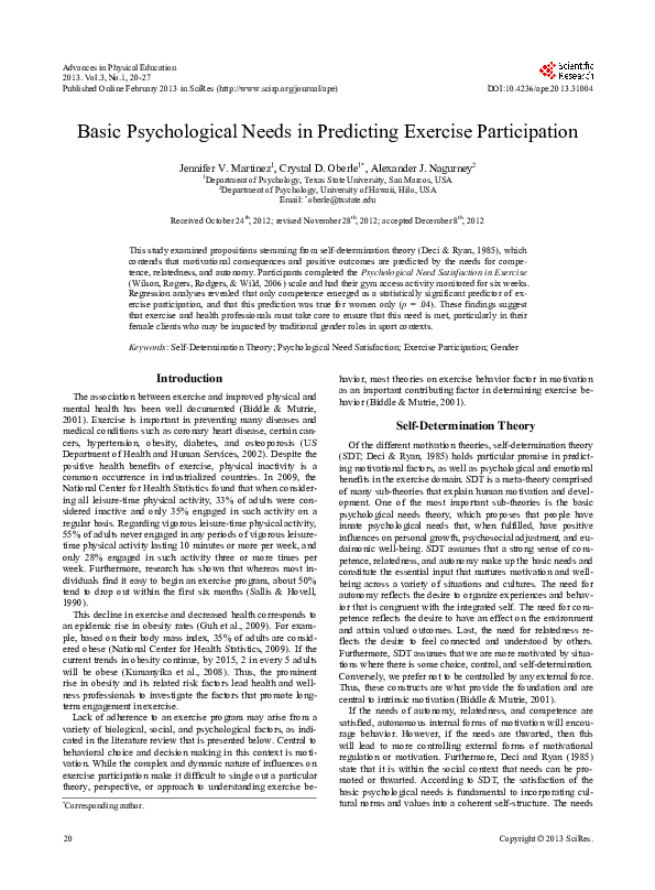 (PDF) Basic Psychological Needs in Predicting Exercise Participation