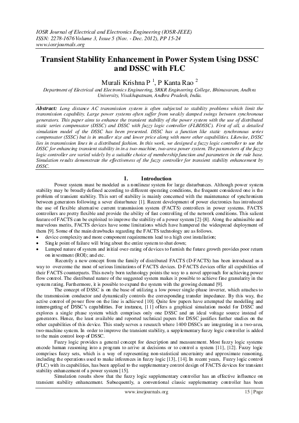 (PDF) Transient Stability Enhancement in Power System Using DSSC and DSSC with FLC