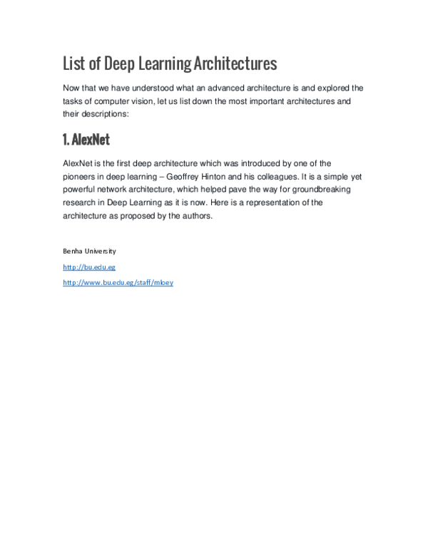 (PDF) List of Deep Learning Architectures | Mohamed Loey - Academia.edu