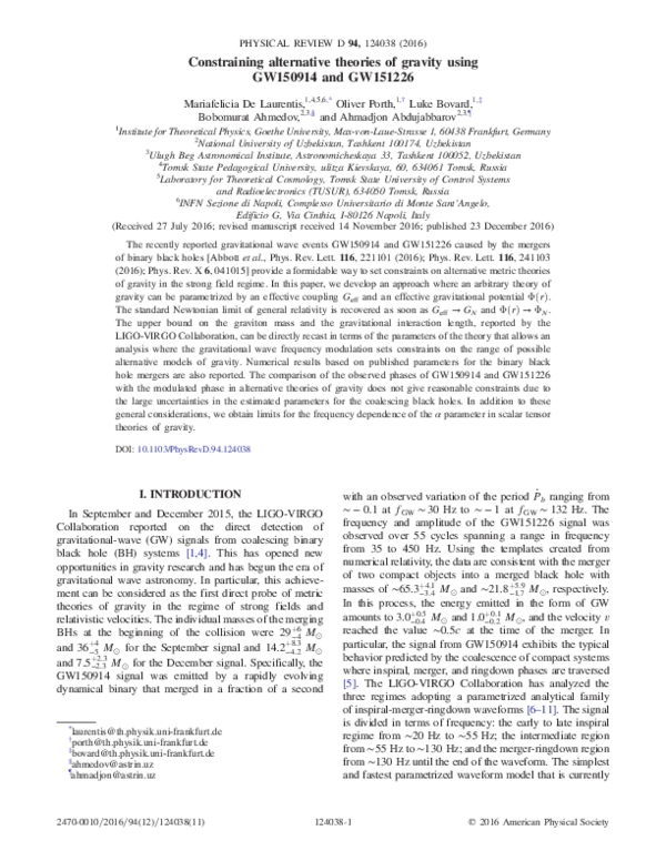 Pdf Constraining Alternative Theories Of Gravity Using Gw150914 And Gw151226