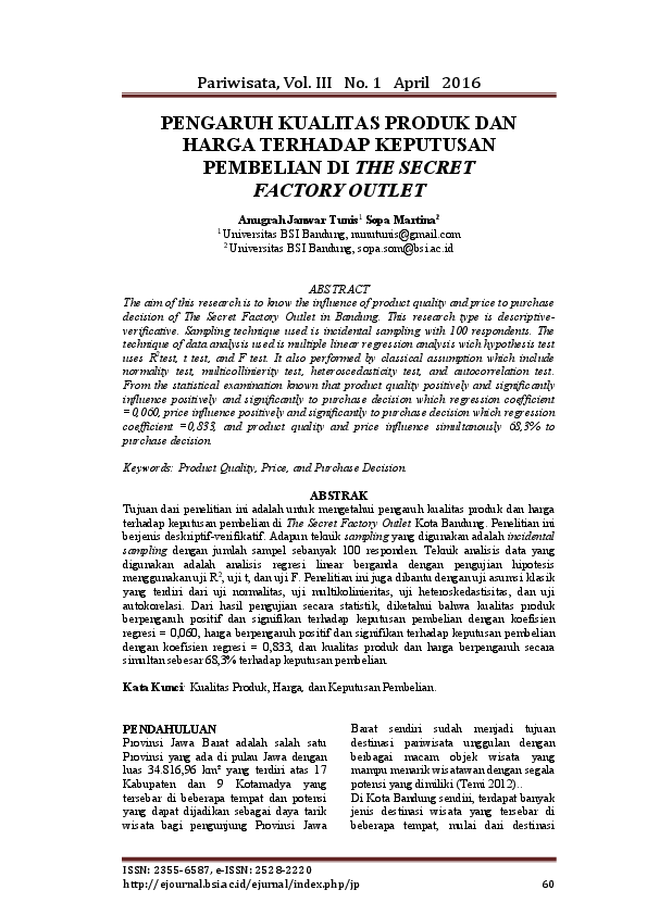 (PDF) PENGARUH KUALITAS PRODUK DAN HARGA TERHADAP KEPUTUSAN PEMBELIAN DI THE SECRET FACTORY OUTLET