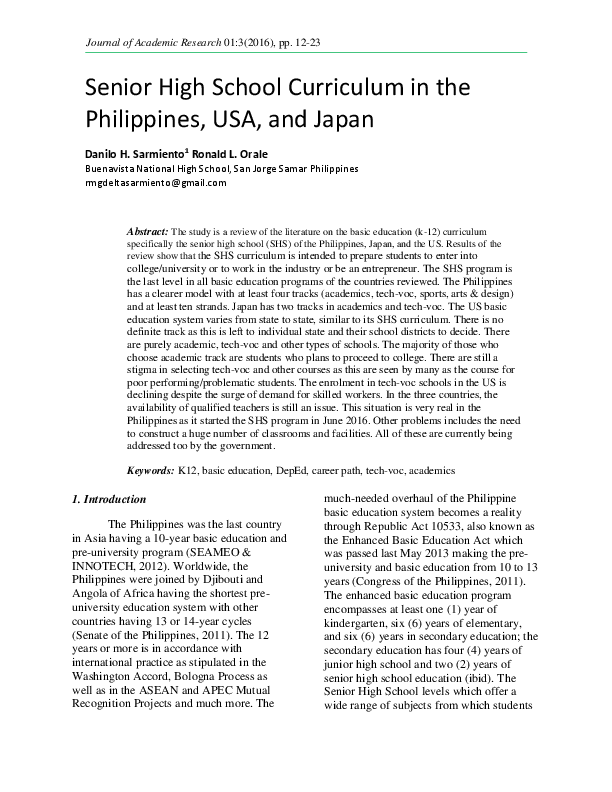 (PDF) Senior High School Curriculum in the Philippines, USA, and Japan