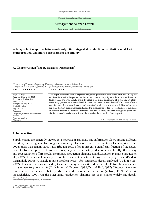 (PDF) Management Science Letters A fuzzy solution approach for a multi ... (PDF) Management Science Letters A fuzzy solution approach for a multi ...