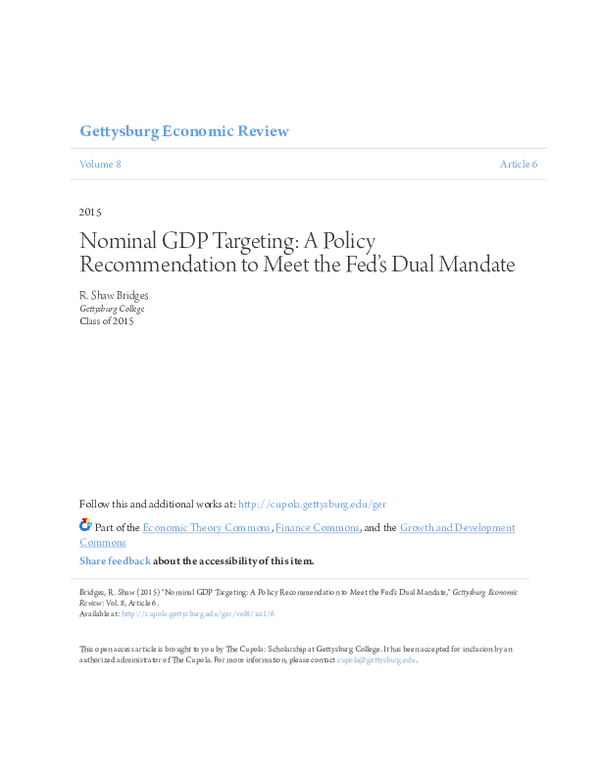 (PDF) Gettysburg Economic Review Nominal GDP Targeting: A Policy ...