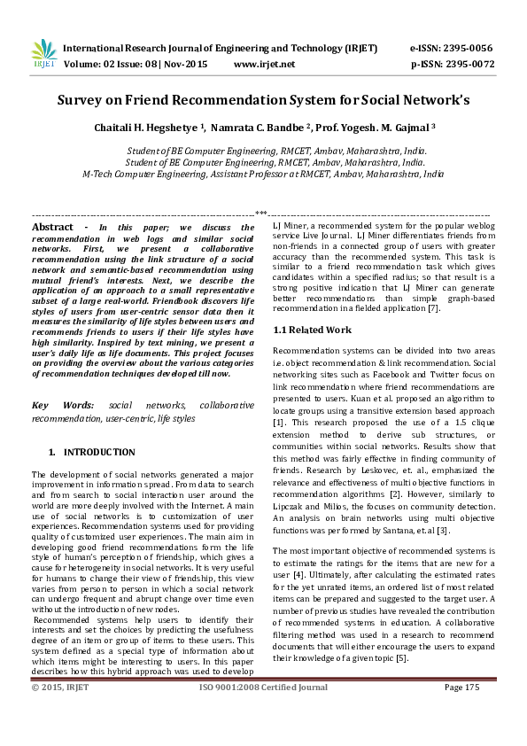 (PDF) Survey on Friend Recommendation System for Social Network's