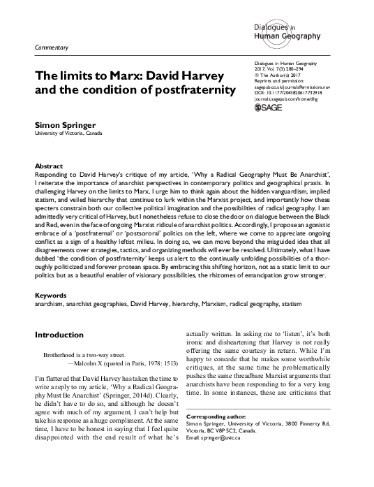(PDF) The limits to Marx: David Harvey and the condition of postfraternity