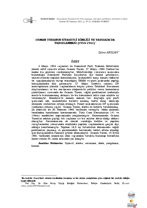 (PDF) OSMAN TURAN'IN SİYASETÇİ KİMLİĞİ VE YASSIADA'DA YARGILANMASI ...