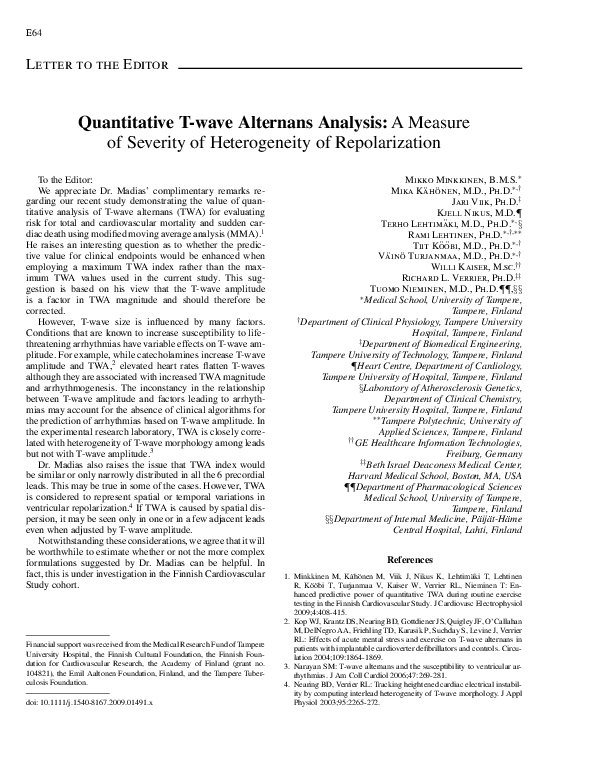 (PDF) Quantitative T-wave Alternans Analysis: A Measure of Severity of Heterogeneity of ...