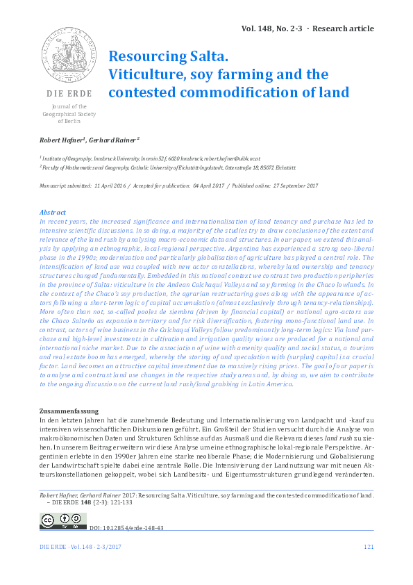 (PDF) Resourcing Salta. Viticulture, soy farming and the contested ...