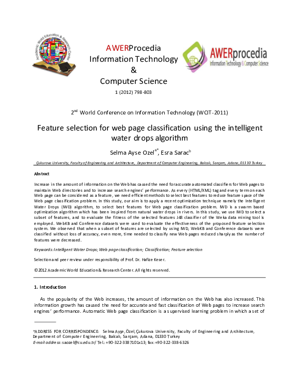 Pdf Feature Selection For Web Page Classification Using The Intelligent Water Drops Algorithm