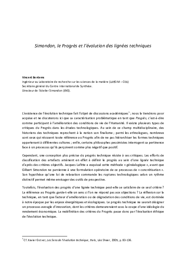 (PDF) Simondon, le Progrès et l’évolution des lignées techniques