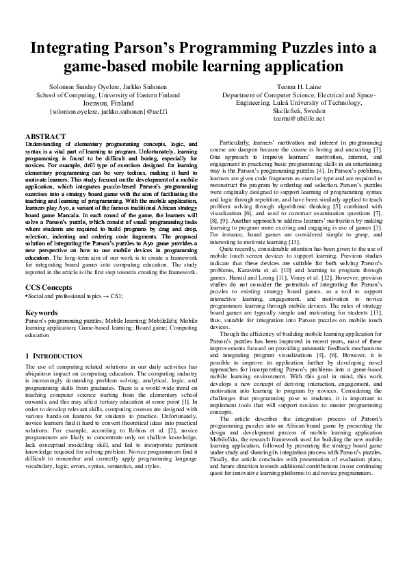 (PDF) Integrating Parson's Programming Puzzles into a game-based mobile learning application