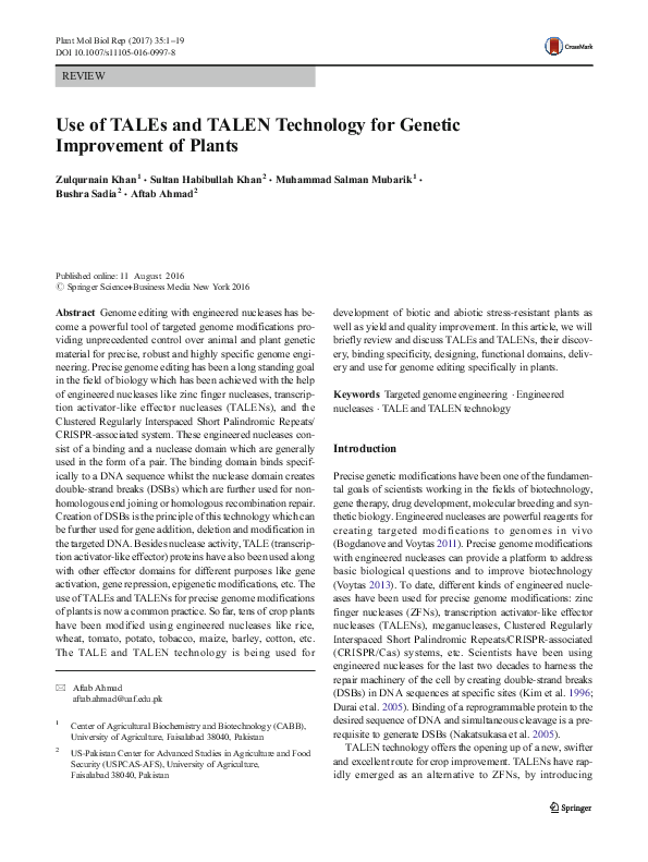 (PDF) Use of TALEs and TALEN Technology for Genetic Improvement of Plants