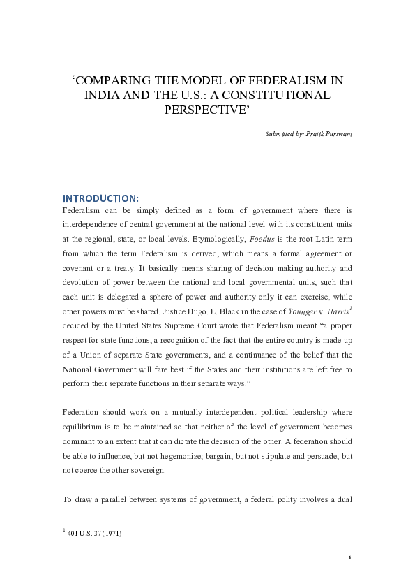 (PDF) 'COMPARING THE MODEL OF FEDERALISM IN INDIA AND THE U.S.: A ...