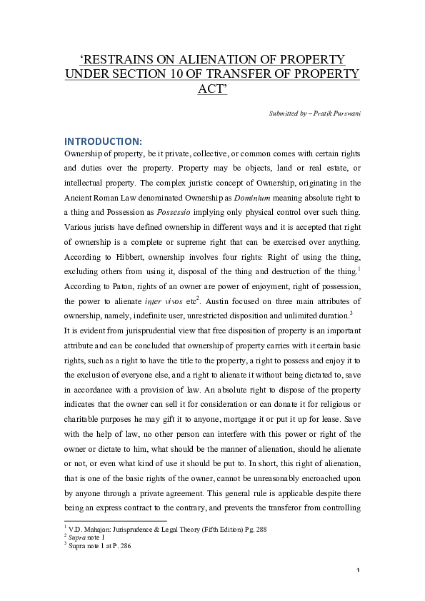(PDF) RESTRAINS ON ALIENATION OF PROPERTY UNDER SECTION 10 OF TRANSFER ...