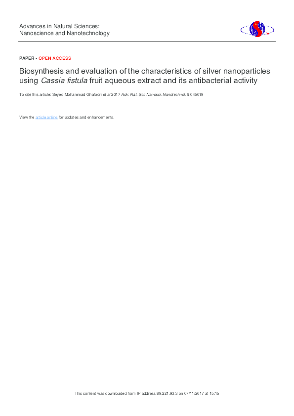 (PDF) Biosynthesis and evaluation of the characteristics of silver nanoparticles using Cassia ...