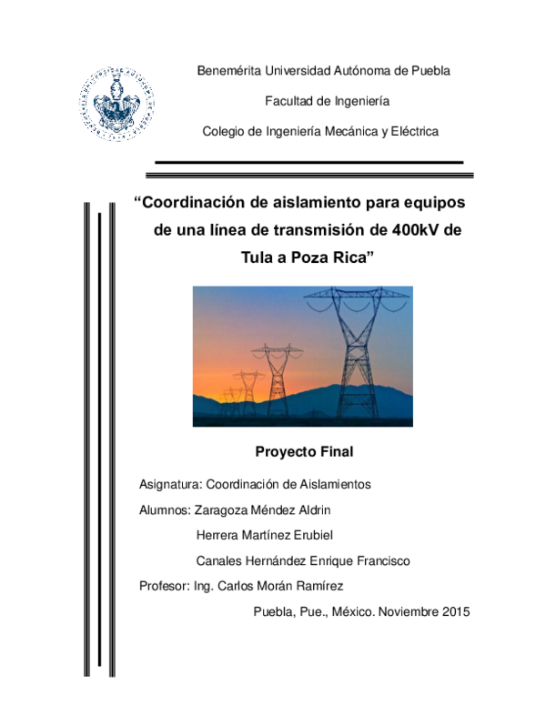 (PDF) " Coordinación de aislamiento para equipos de una línea de transmisión de 400kV de Tula a ...