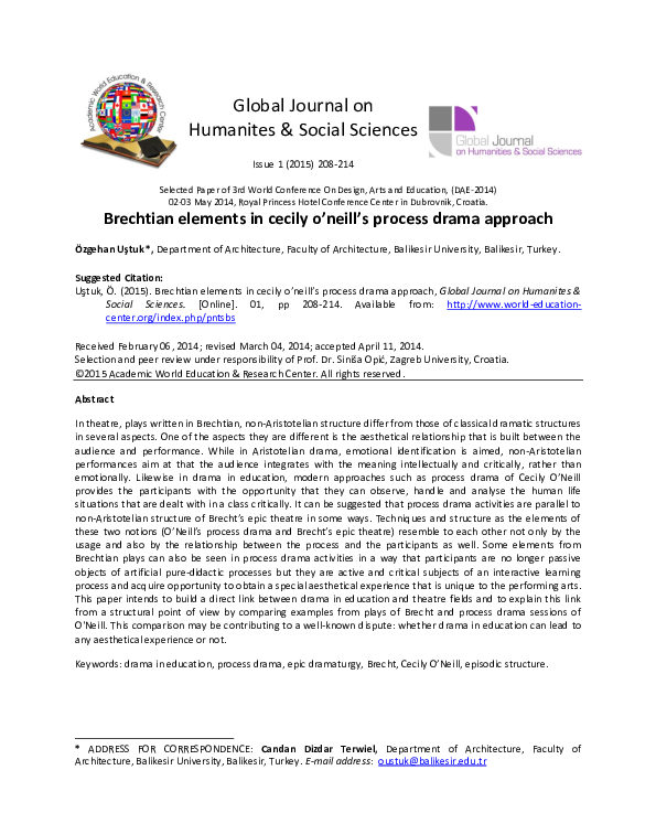 (PDF) Brechtian elements in cecily o'neill's process drama approach