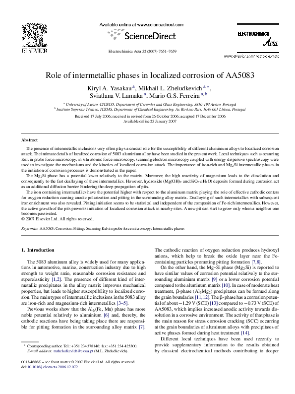 (PDF) Role of intermetallic phases in localized corrosion of AA5083