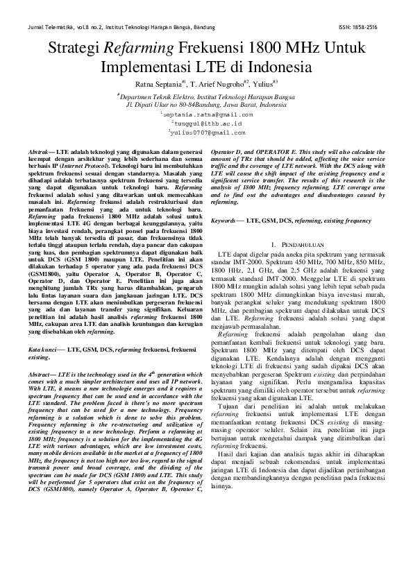 (PDF) Strategi Refarming Frekuensi 1800 MHz Untuk Implementasi LTE di Indonesia
