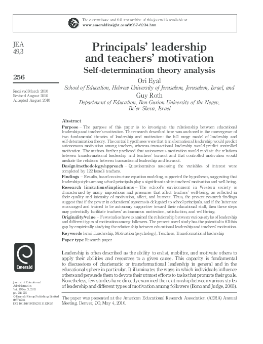 (PDF) Principals' leadership and teachers' motivation Self-determination theory analysis