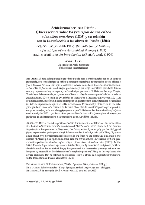 (PDF) André Laks, "Schleiermacher lee a Platón" / "Schleiermacher reads ...