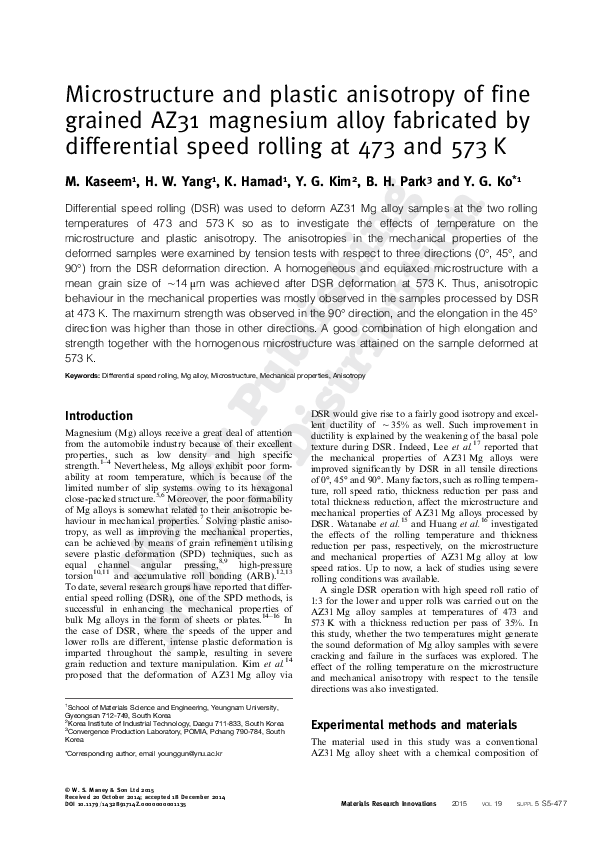 (PDF) Microstructure and plastic anisotropy of fine grained AZ31 magnesium alloy fabricated by ...
