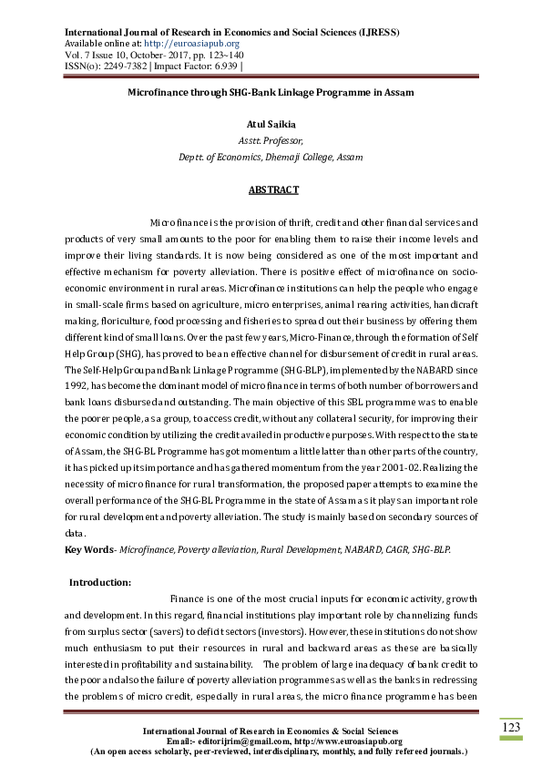 (PDF) Microfinance through SHG-Bank Linkage Programme in Assam