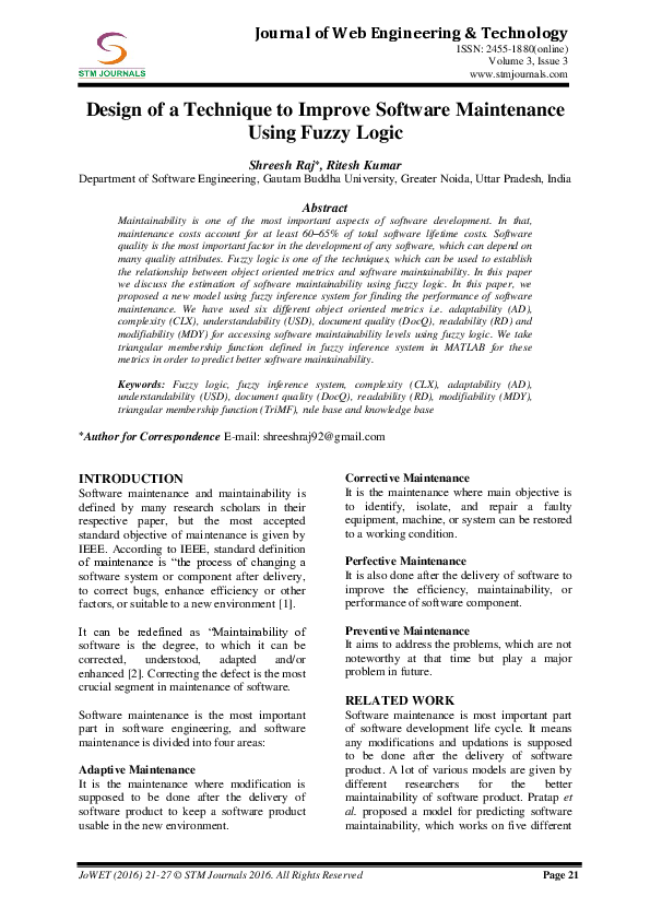 (PDF) Design of a Technique to Improve Software Maintenance Using Fuzzy Logic