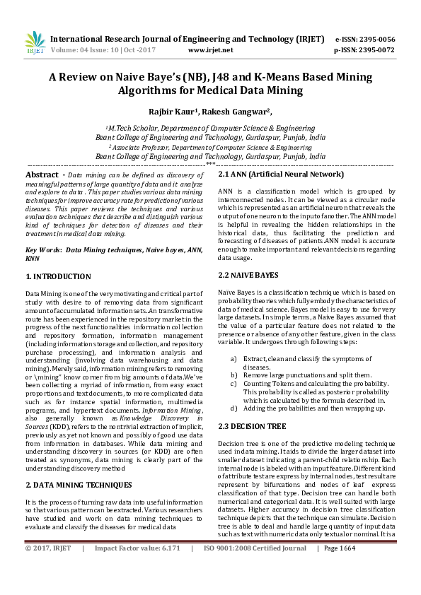 (PDF) A Review on Naive Baye's (NB), J48 and K-Means Based Mining Algorithms for Medical Data Mining