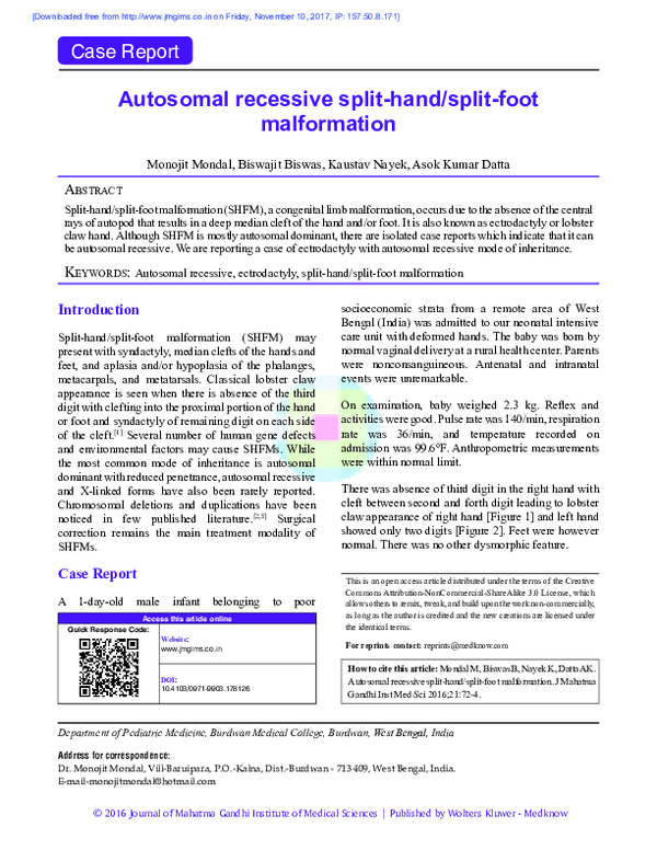 (PDF) Autosomal recessive split-hand/split-foot malformation