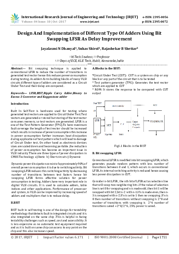 (PDF) Design And Implementation of Different Type Of Adders Using Bit Swapping LFSR As Delay ...